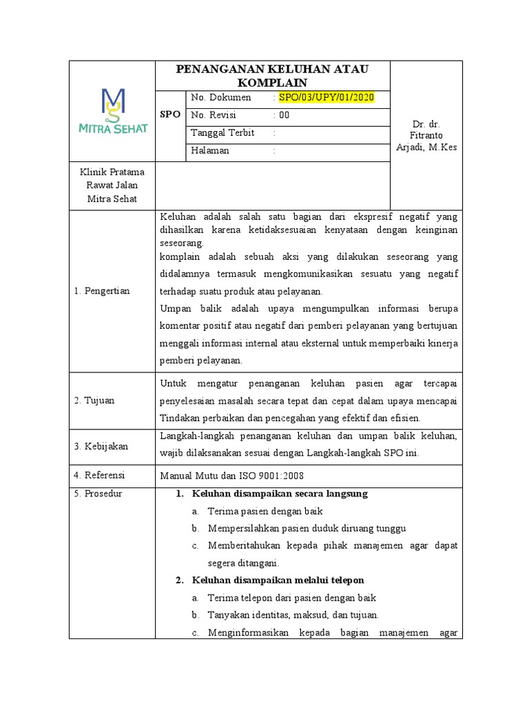 SOP Penanganan Keluhan Atau Komplain | PDF