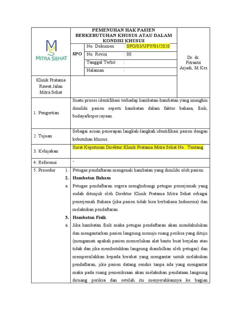 SOP Pemenuhan Hak Pasien Berkebutuhan Khusus Atau Dalam Kondisi Khusus BAB 3 | PDF