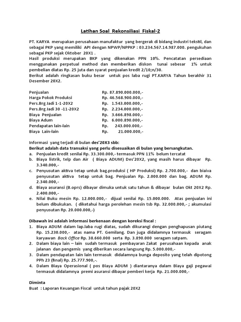 Latihan Soal Rekonsiliasi Fiskal 2 Pdf