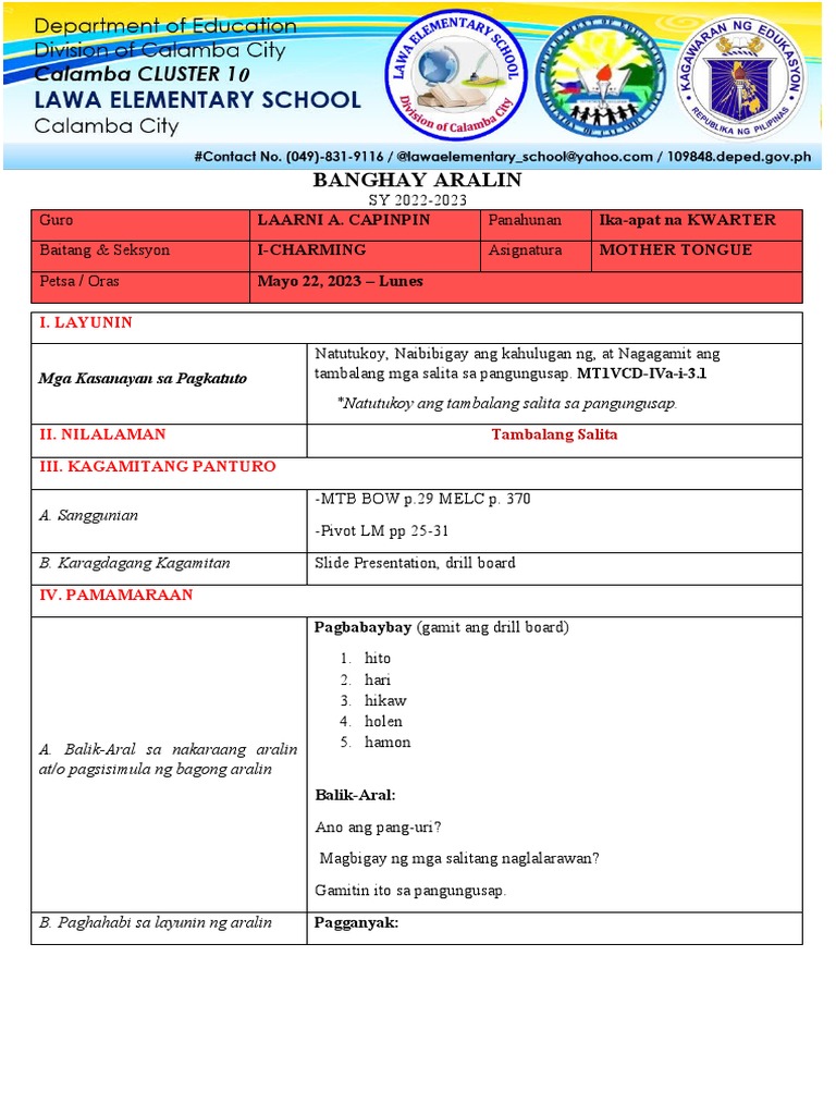Tambalang Salita Lesson Plan MTB1 Q4 Week 4 | PDF