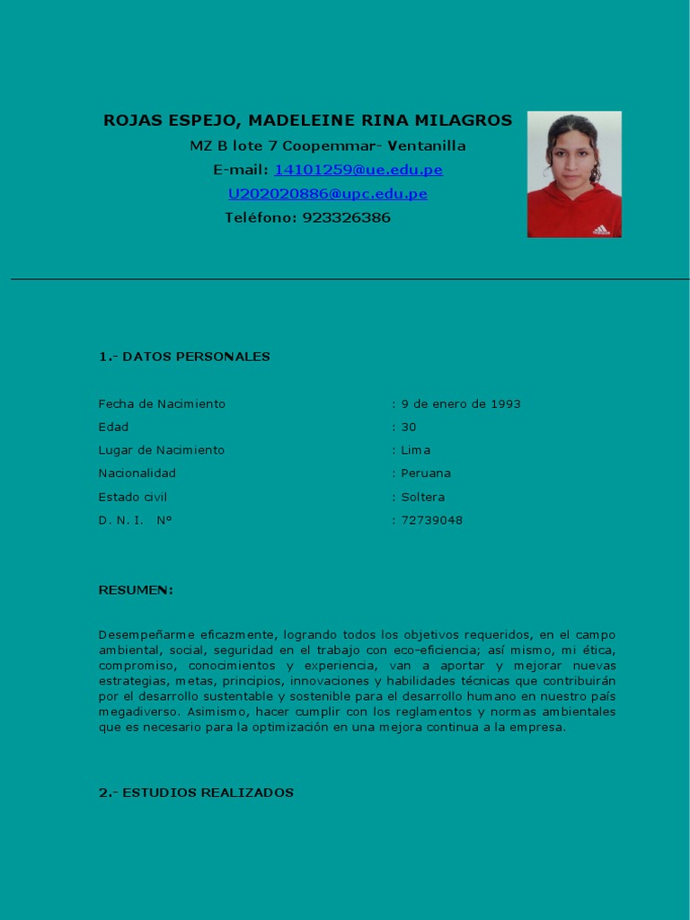 Rojas Espejo, Milagros Madeleine CV - Actualizado. | PDF | Seguridad y salud ocupacional | Perú