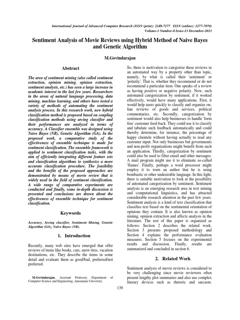 Sentiment Analysis of Movie Reviews Using Hybrid Method of Naive Bayes and Genetic Algorithm ...