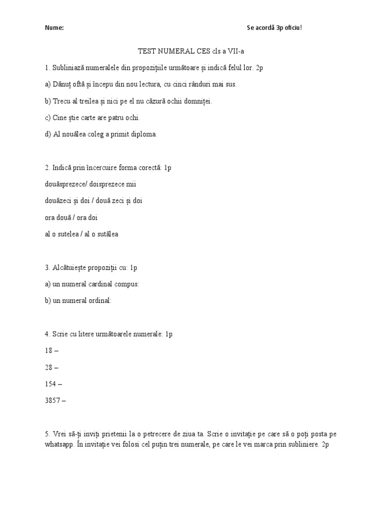Test Numeral Ces Cls A Vii | PDF