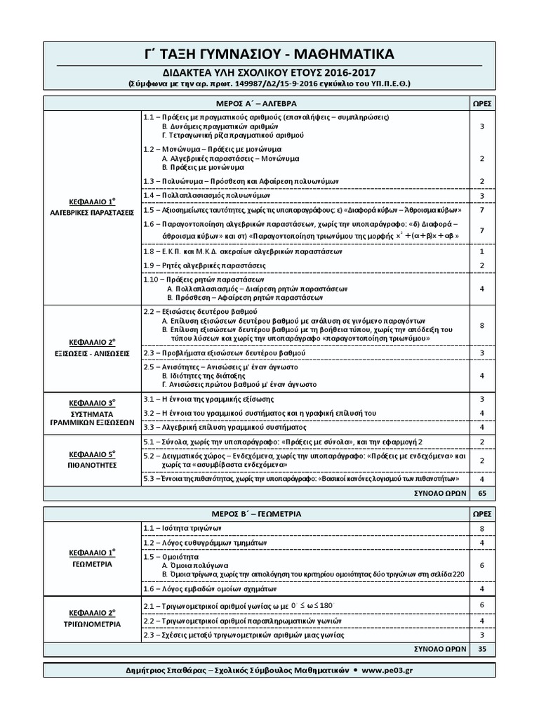 Γ ΓΥΜΝΑΣΙΟΥ ΜΑΘΗΜΑΤΙΚΑ ΥΛΗ 2016-2017 | PDF