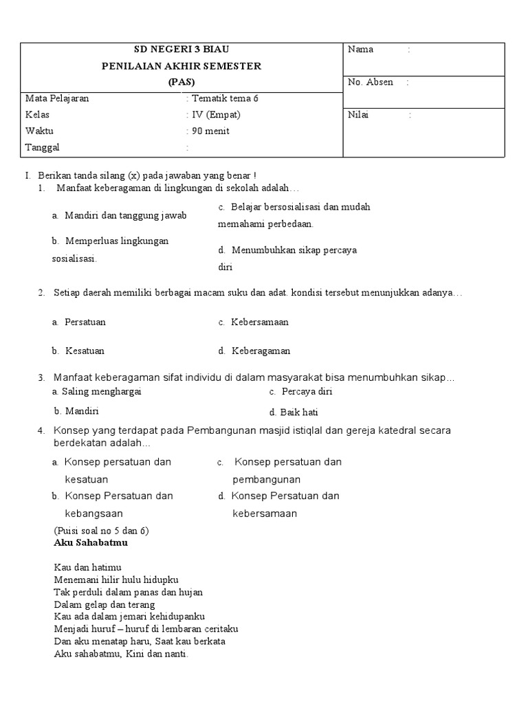 SOAL PAS TEMA 6 Kelas 4 | PDF