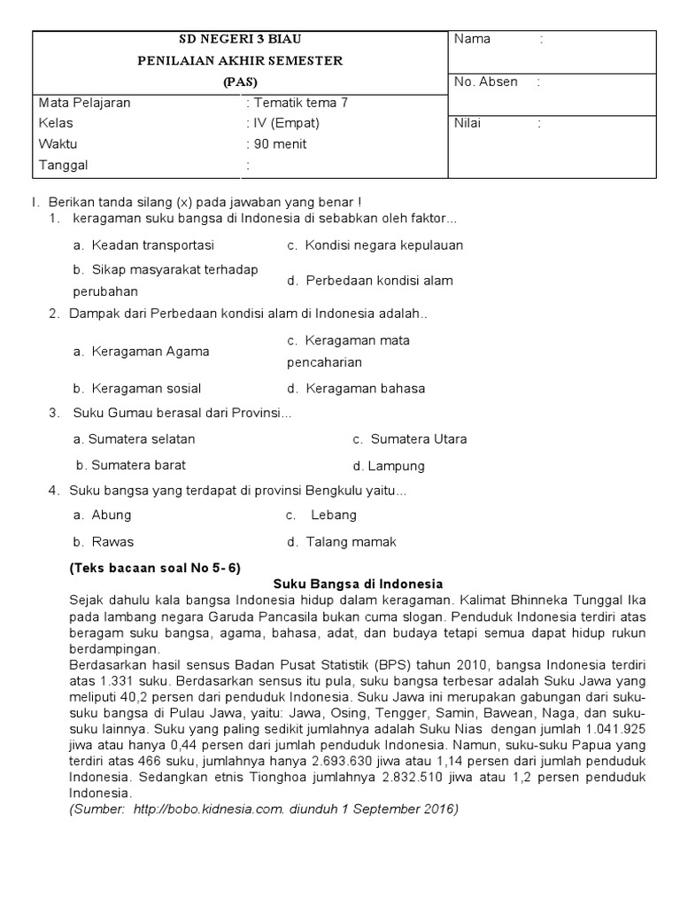 SOAL PAS TEMA 7 Kelas 4 | PDF