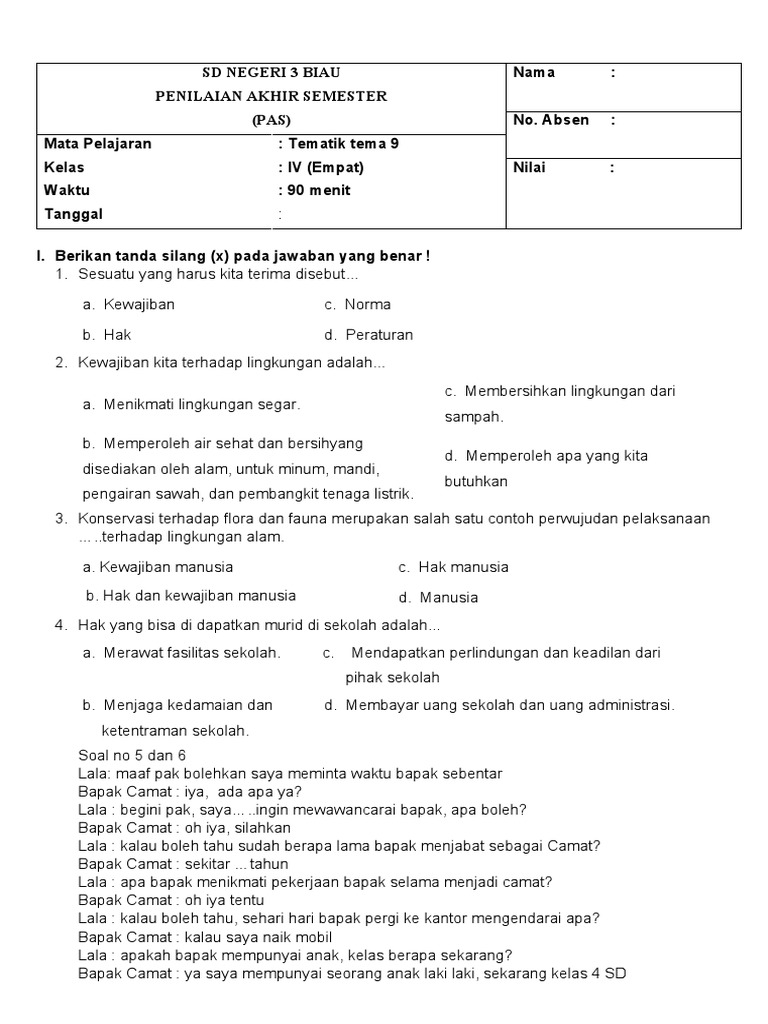 SOAL PAS TEMA 9 Kelas 4 | PDF