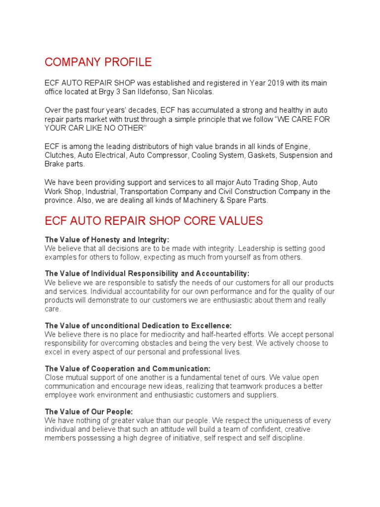 Ecf Auto Repair Shop Core Values | PDF | Integrity | Car