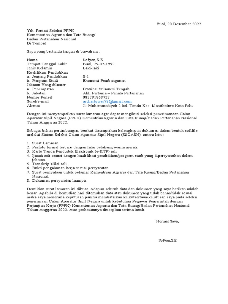 Lamaran PPPK BPN 2022 Sofyan | PDF