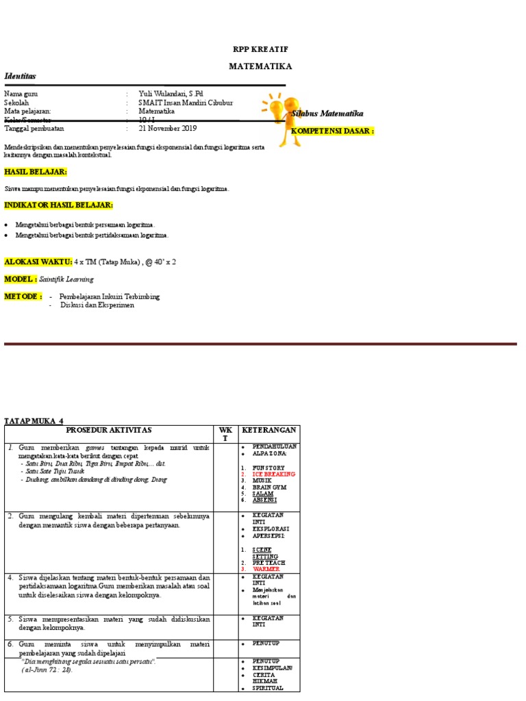 RPP Kreatif MTK Kelas X - TM4 | PDF