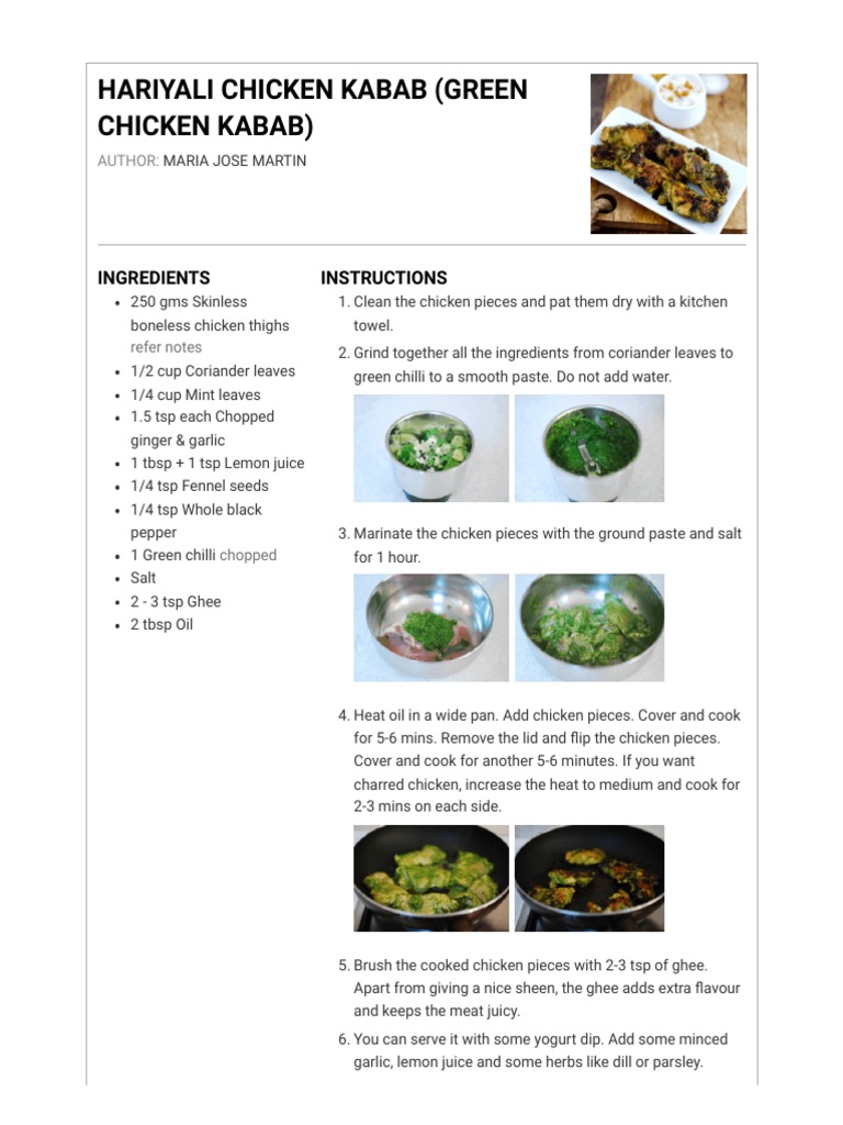 Hariyali Chicken Kabab (Green Chicken Kabab) - MariasMenu | PDF