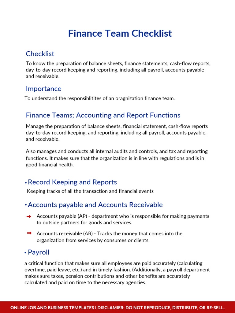 Finance Team Checklist for Business | PDF | Accounts Payable | Investing