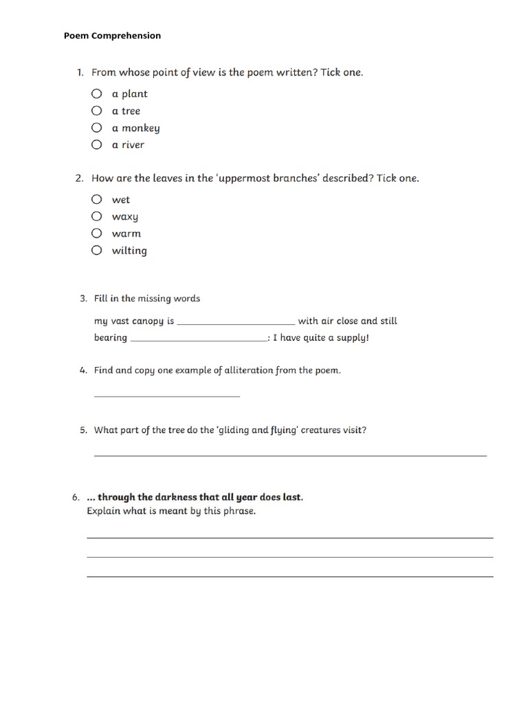 Poem Comprehension Practise | PDF