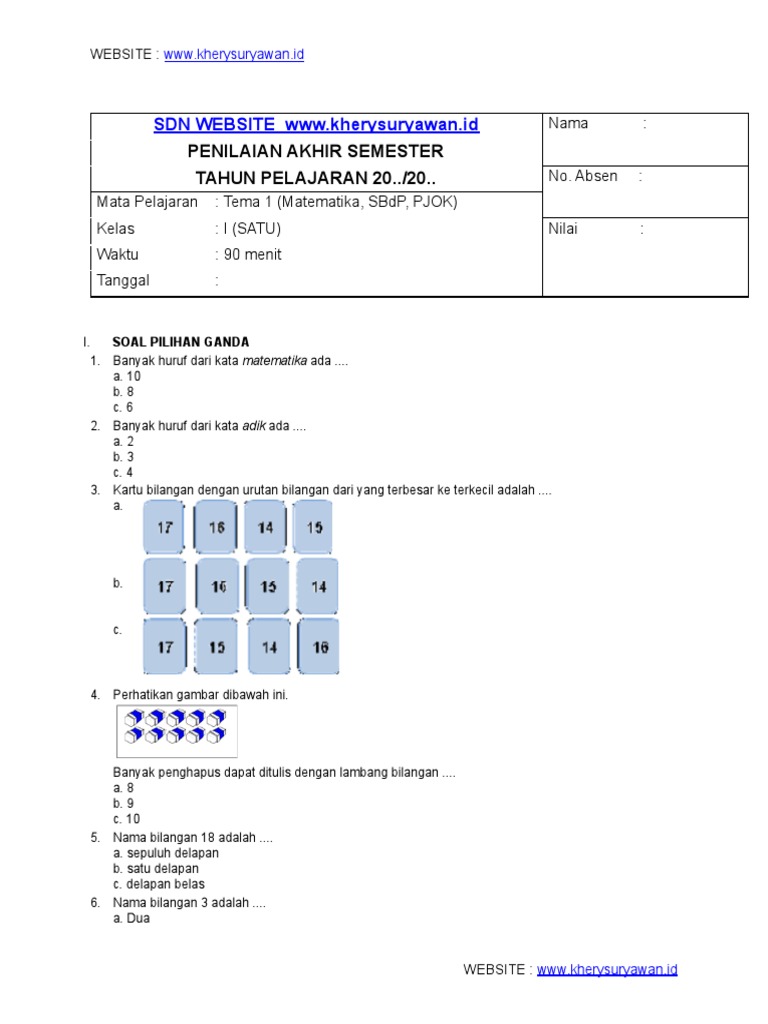 SOAL & Jawaban PAS KELAS 1 TEMA 1 Ver. 2 - WEBSITE WWW - Kherysuryawan.id | PDF