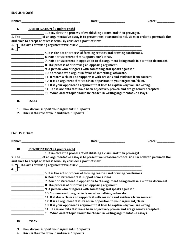 10th Grade Argumentative Essay Quiz | PDF | Argument | Essays