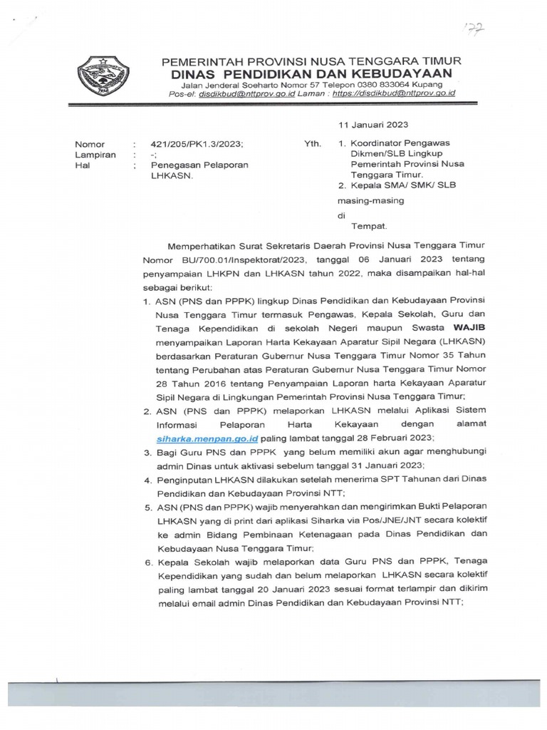 Surat Penegasan Pelaporan LHKASN | PDF