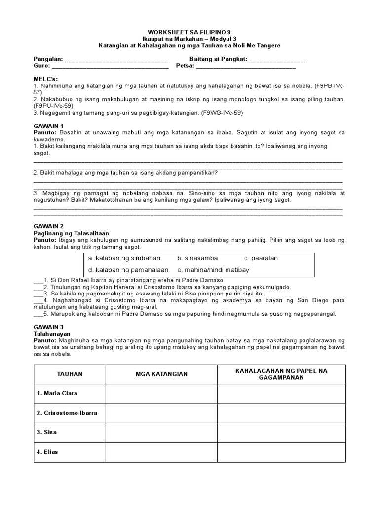 Worksheet Sa Filipino 9 Week 3 | PDF