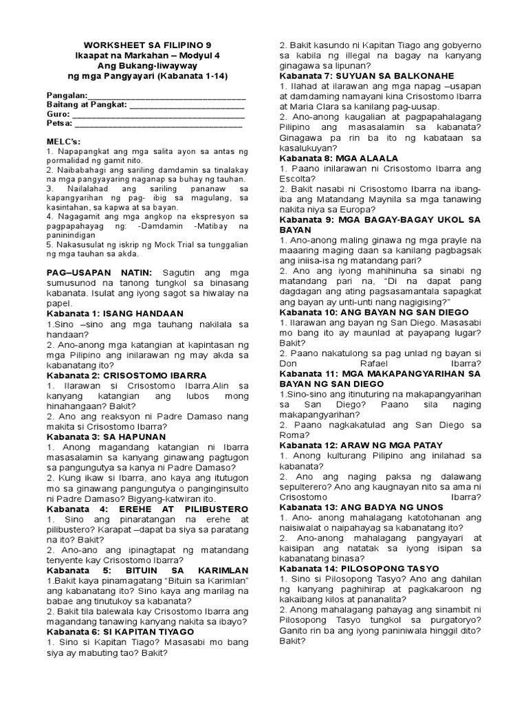 Worksheet Sa Filipino 9 Week 4 | PDF