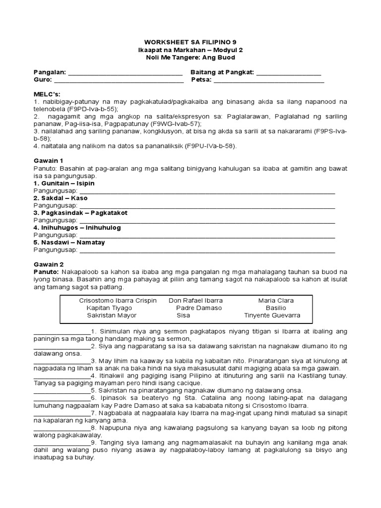 Worksheet Sa Filipino 9 Week 2 | PDF