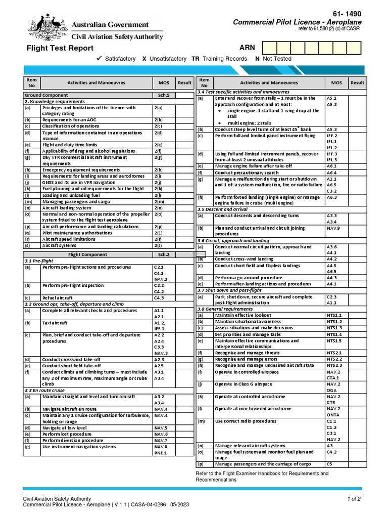 CPL A Flight Test Checklist Form 61 1490 | PDF | Airplane | Aviation Safety