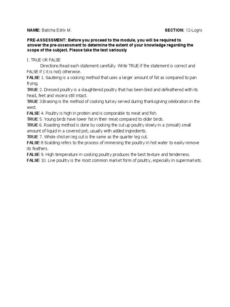 COOKERY Pre Test | PDF