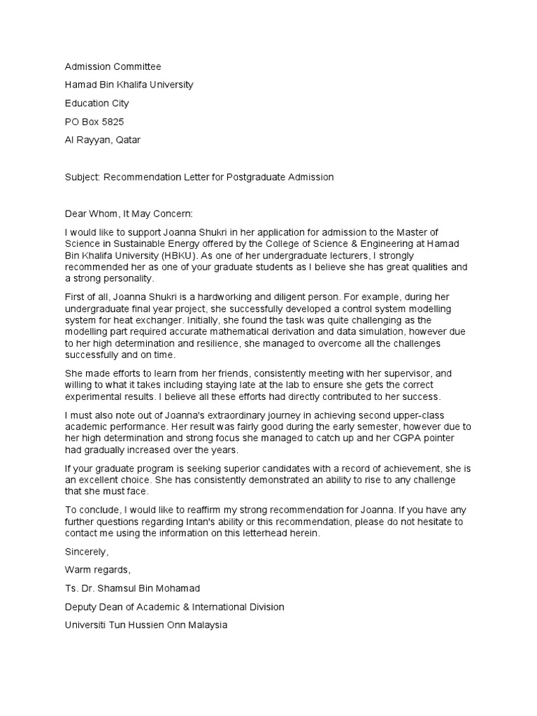 Recommendation Letter For Postgraduate Admission | PDF