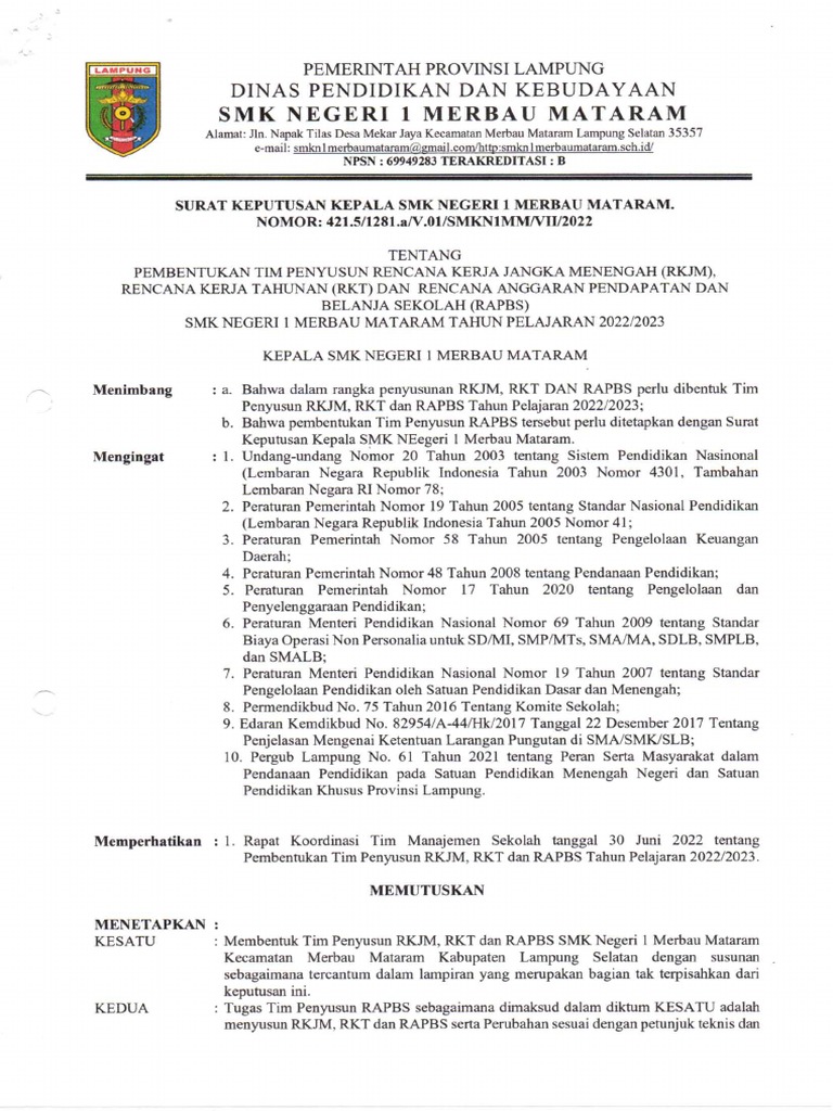 1281.A - 001 - SK Pembentukkan Tim Penyusun RKJM, RKT, Dan Rapbs Tp ...