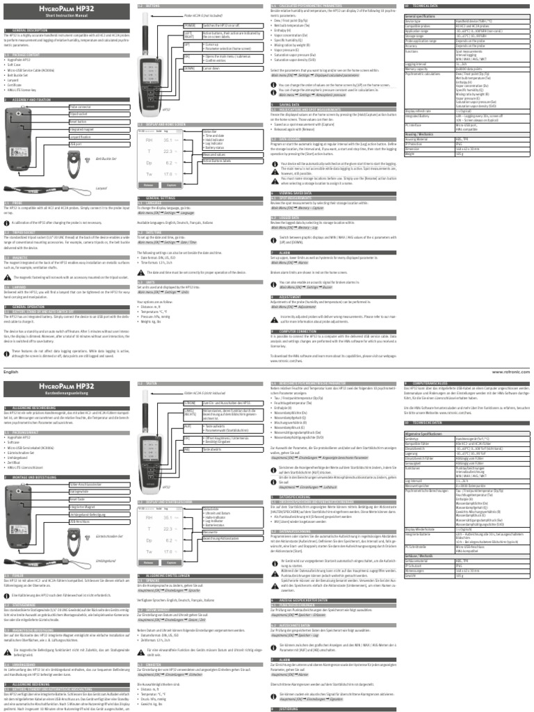 Rotronic HygroPalm HP32 User Manual | PDF | Humidity | Atmospheric ...