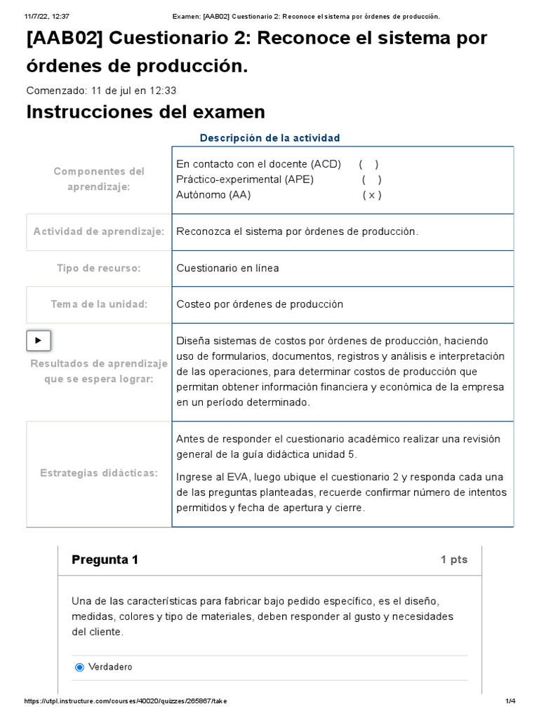 Examen - (AAB02) Cuestionario 2 - Reconoce El Sistema Por Órdenes de Producción | PDF ...