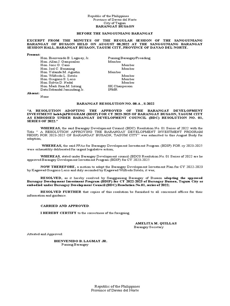 Bdip Resolution Adopting and Approving | PDF | Philippines | Government