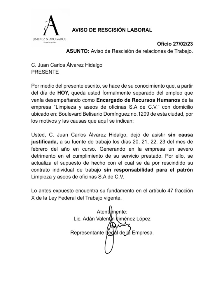 Aviso de Rescisión Laboral | PDF