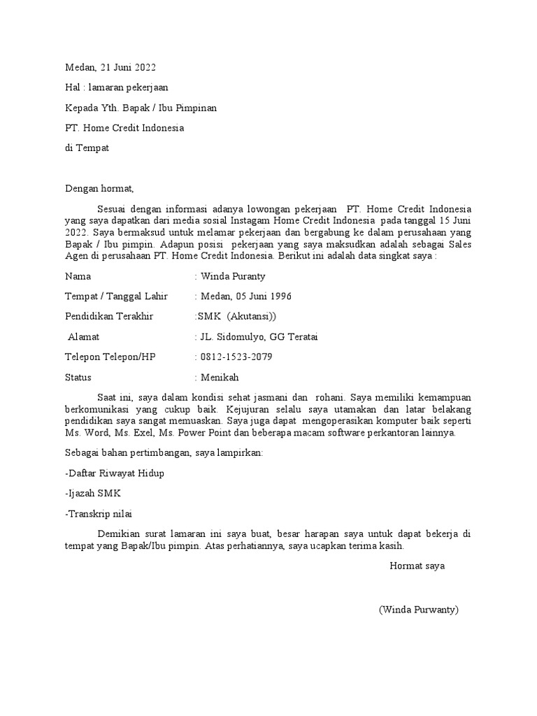 Surat Lamaran Hci | PDF