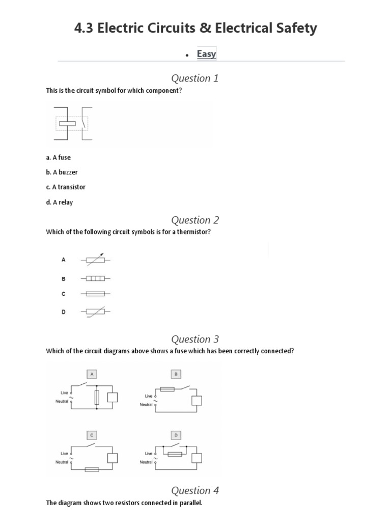 Electric Circuits and Safety Quiz | PDF | Series And Parallel Circuits ...