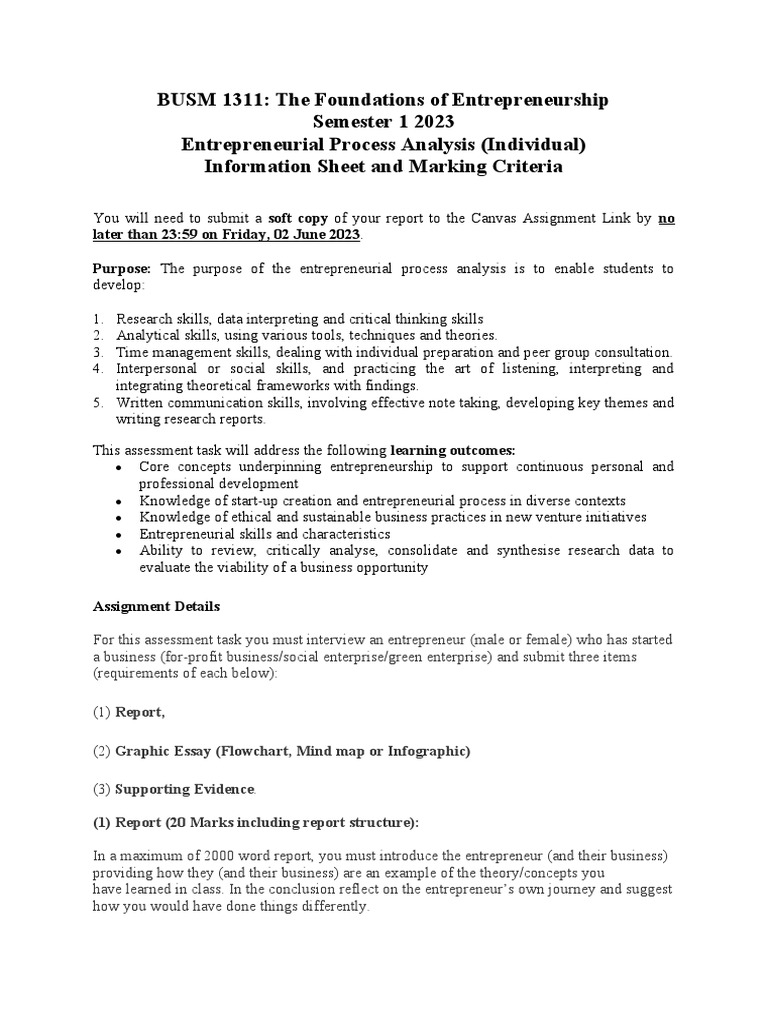 Assignment 3 - Entrepreneurial Process Analysis Report Guide - Sem1 2023 - Final | PDF ...