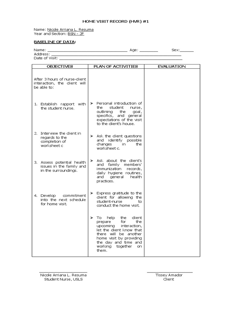 Home Visit Record (HVR) #1 | PDF | Nursing | Health Care