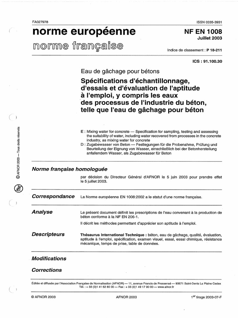 NF EN 1008 Eau de Gâchage | PDF