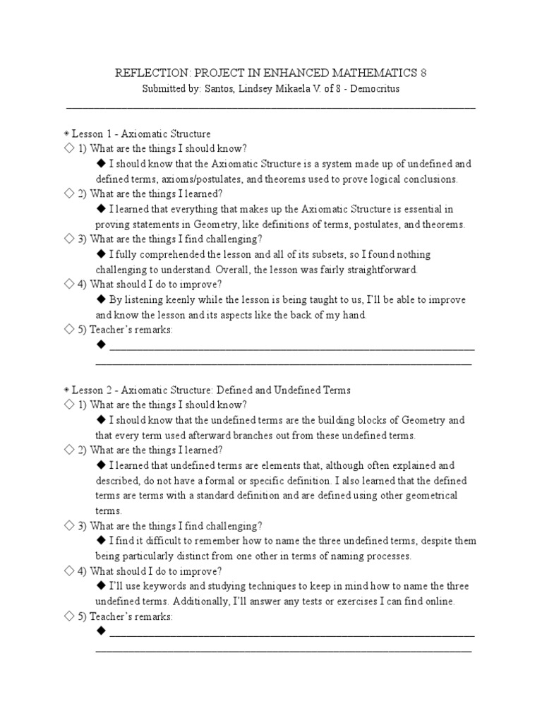 Reflection - Project in Enhanced Mathematics 8 | PDF | Mathematics ...