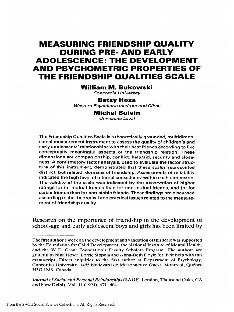 Friendship Quality Scale Bukowski | PDF