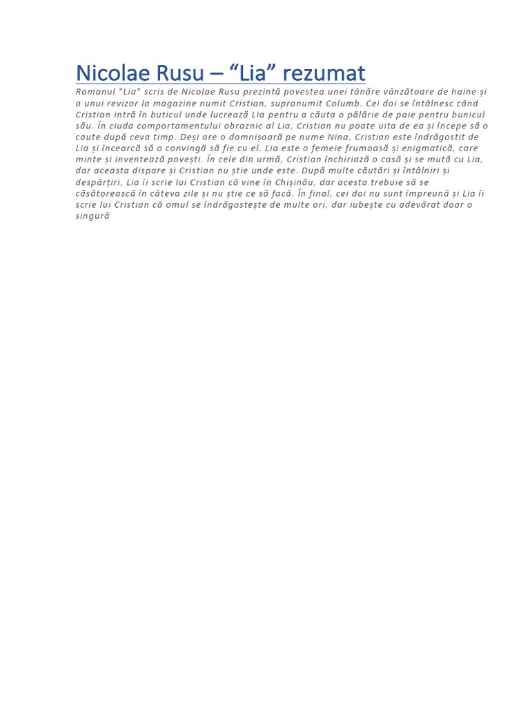 Nicolae Rusu - "Lia" Rezumat | PDF