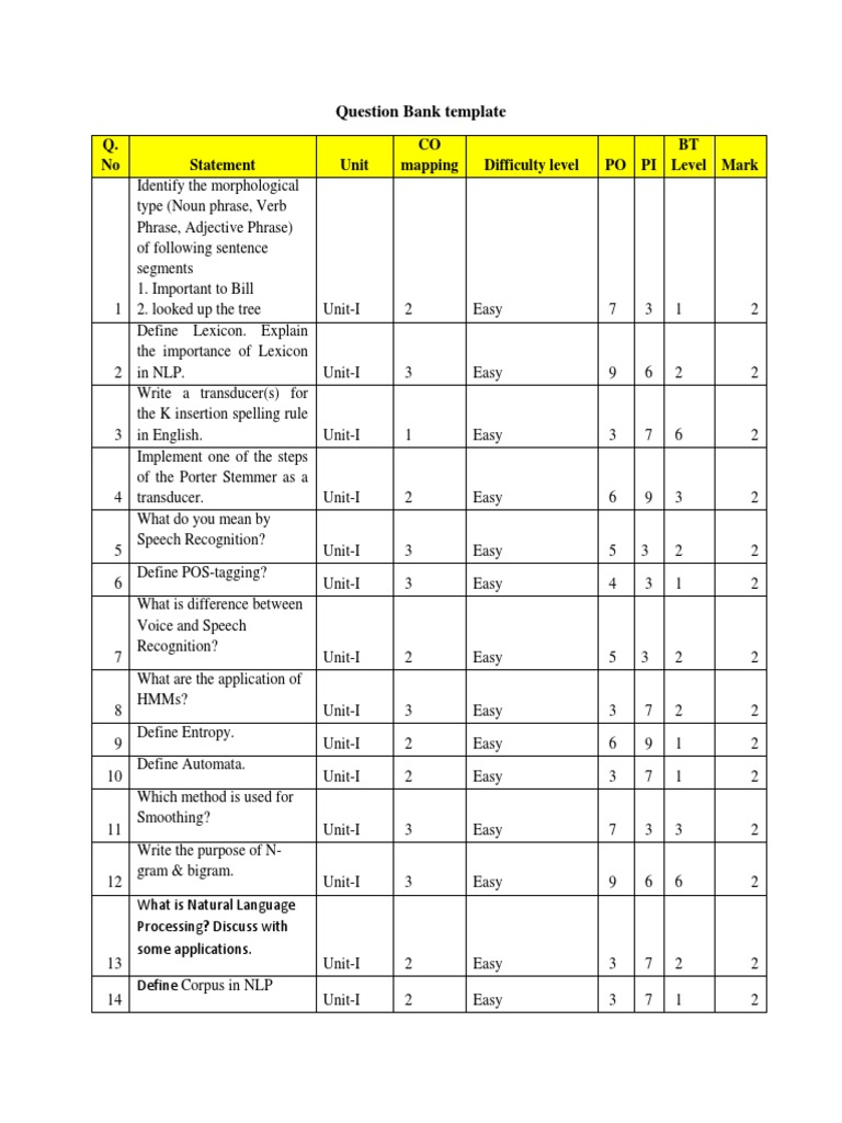 Question Bank NLP | PDF | Parsing | Morphology (Linguistics) Question Bank NLP | PDF | Parsing | Morphology (Linguistics)