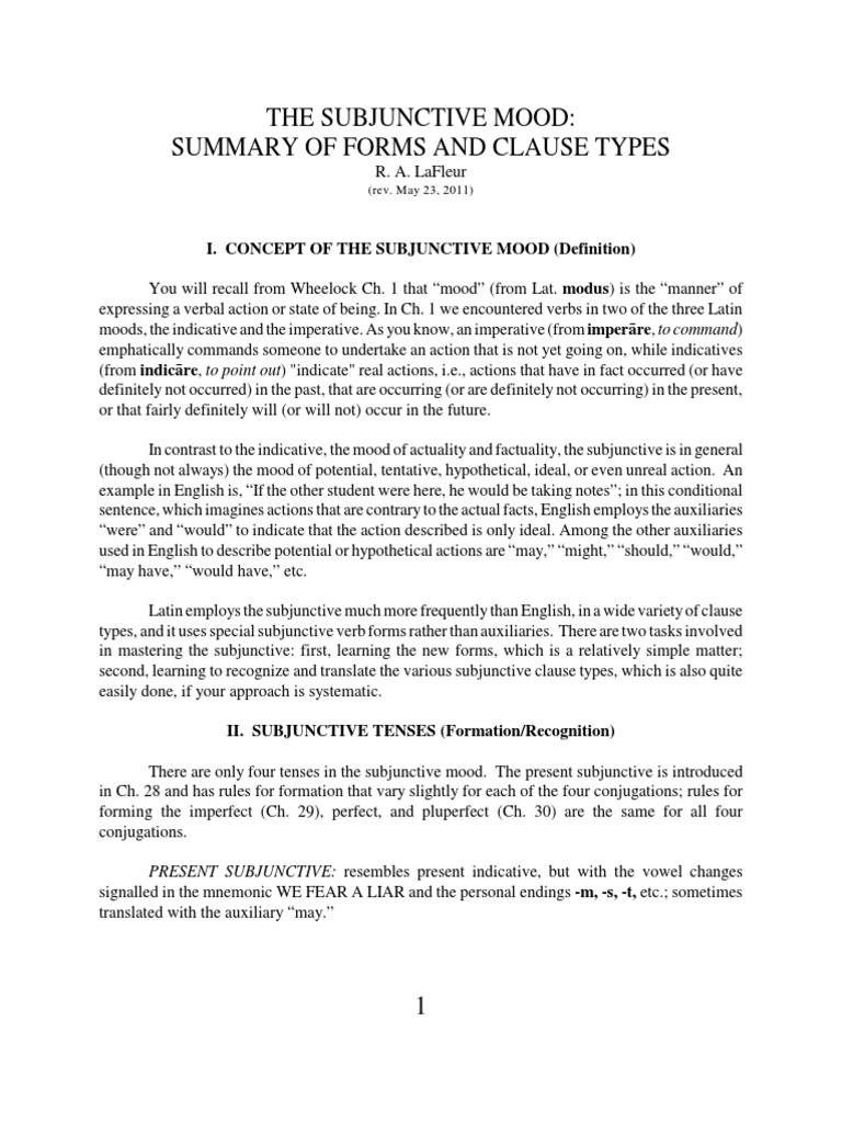 SUBJUNCTIVE SUMMARY Latin | PDF | Perfect (Grammar) | Semantics
