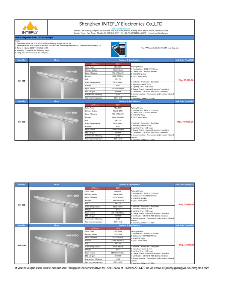 INTEFLY Quotation of INH-D Integrated Solar LED Street Light | PDF | Lighting