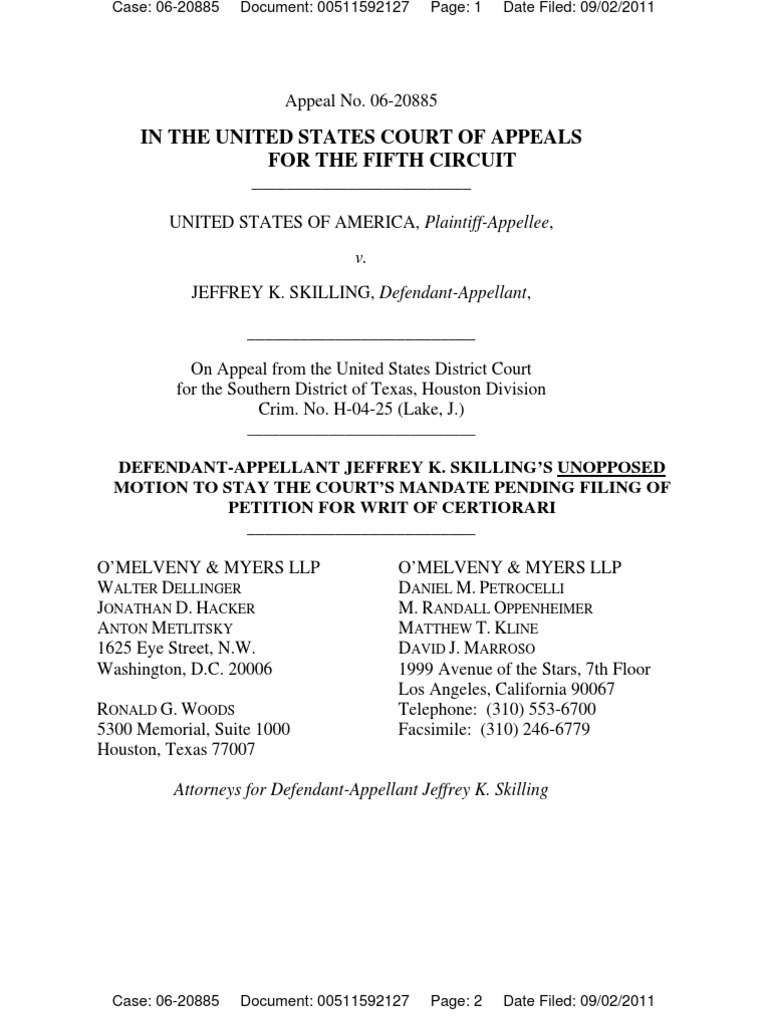 Jeff Skilling's Motion To Stay Fifth Circuit Mandate Pending Appeal To ...