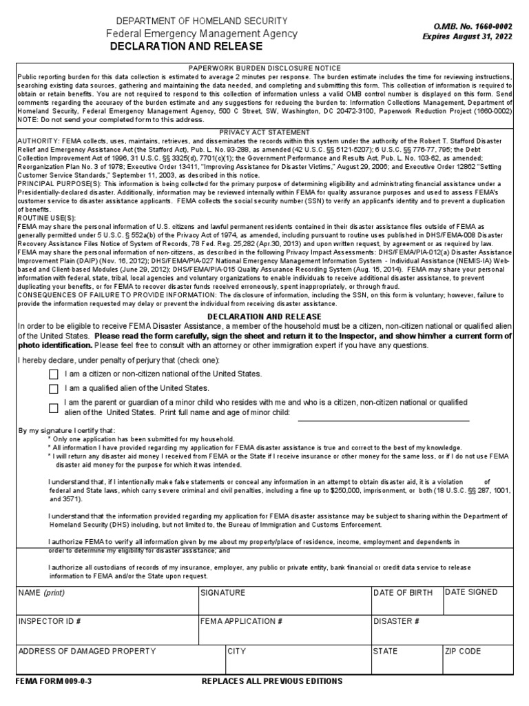 Declaration and Release FEMA Form 009-0-3 (Aug2022) | Download Free PDF ...