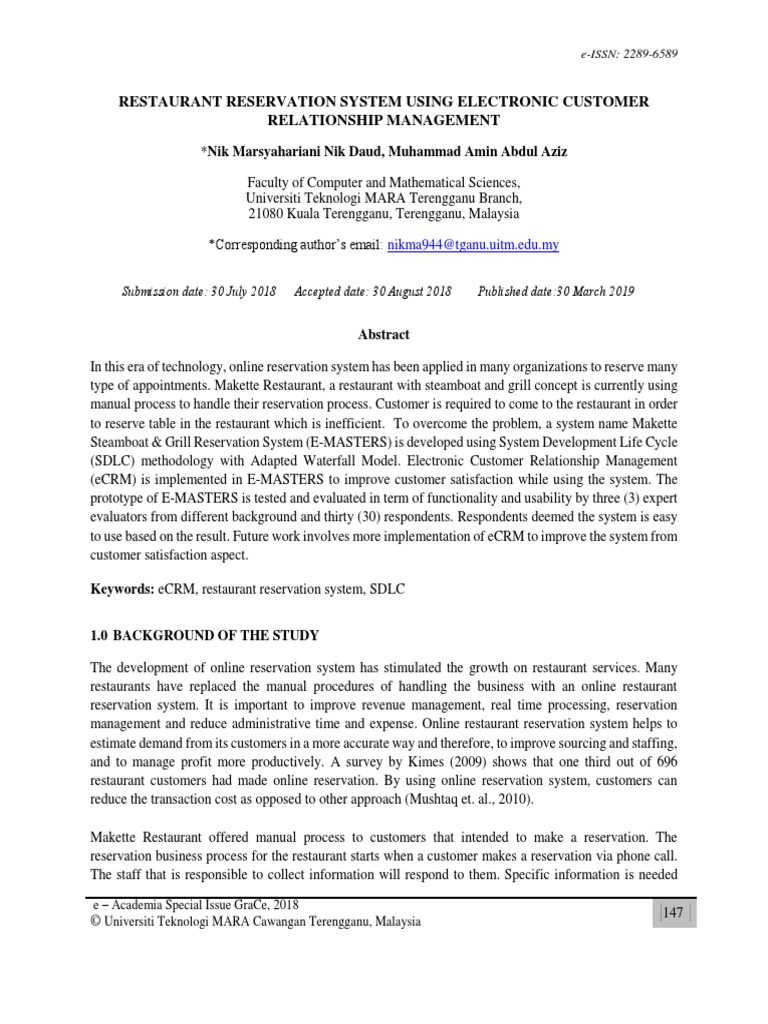 G46 - Restaurant Reservation System Using Electronic | PDF