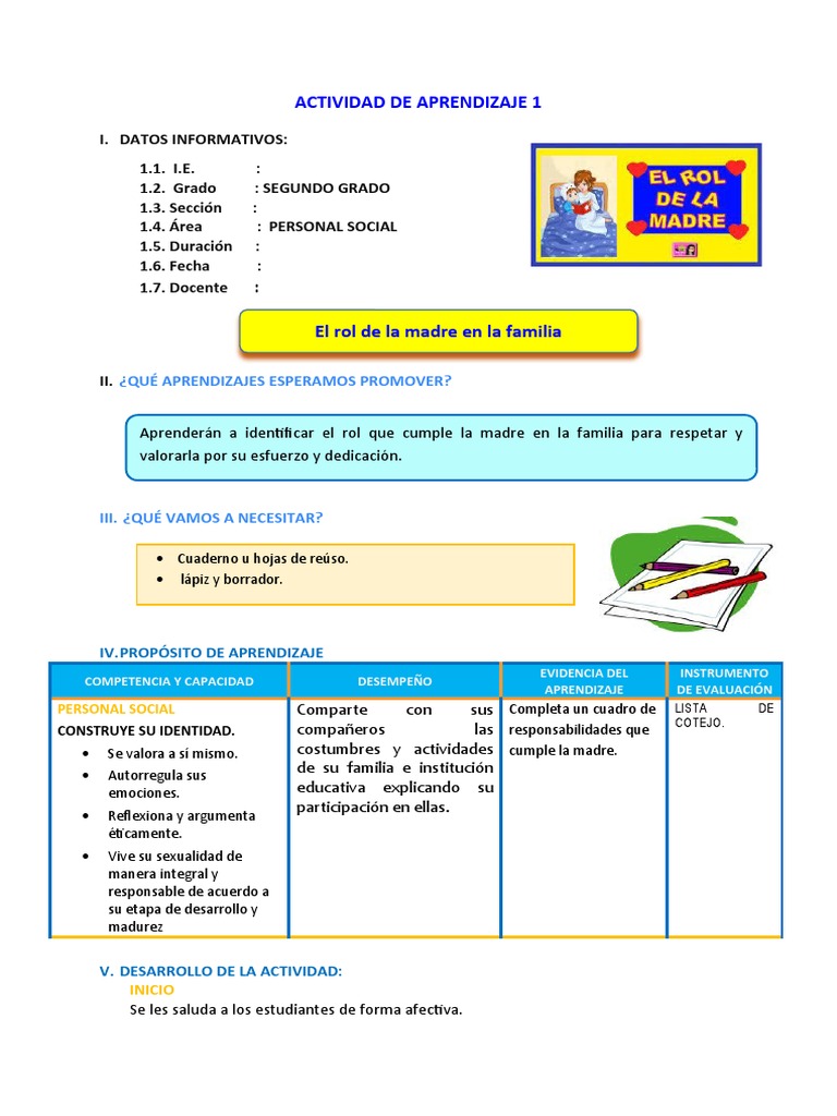 D1 A2 SESION PS. El Rol de La Madre en La Familia | PDF | Evaluación ...