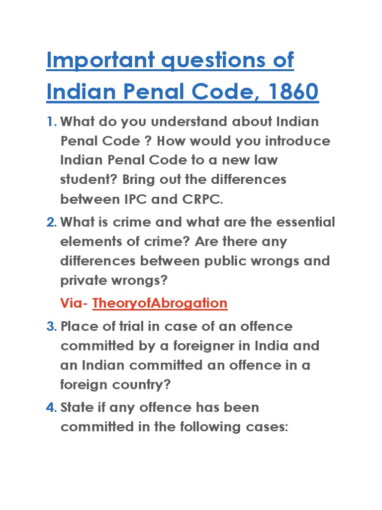 Most Important Questions On IPC For Mains Exams | PDF | Criminal Law ...