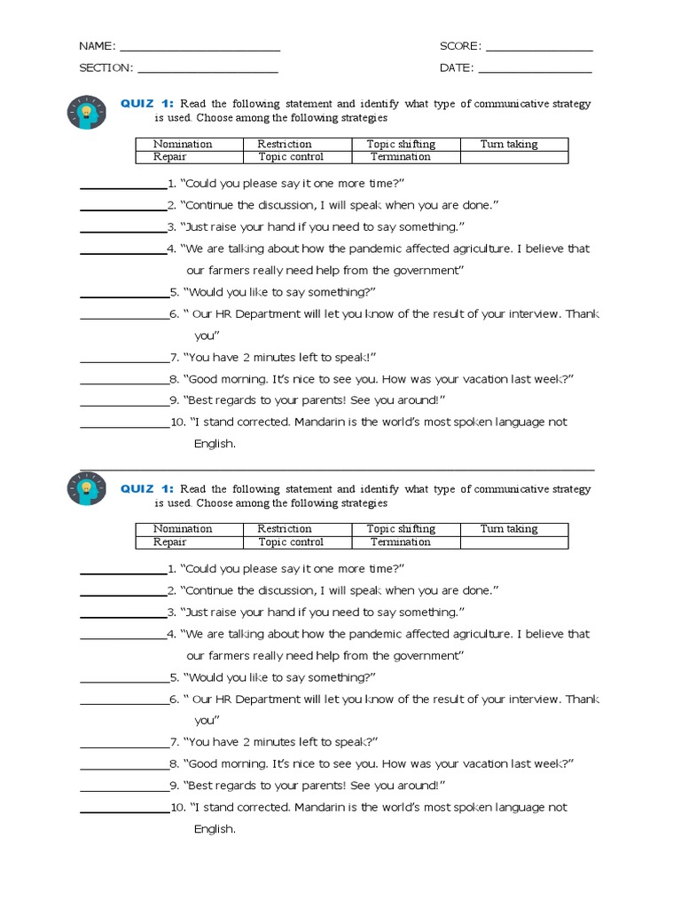 Communicative Strategies Quiz 1 Pdf Linguistics Communication