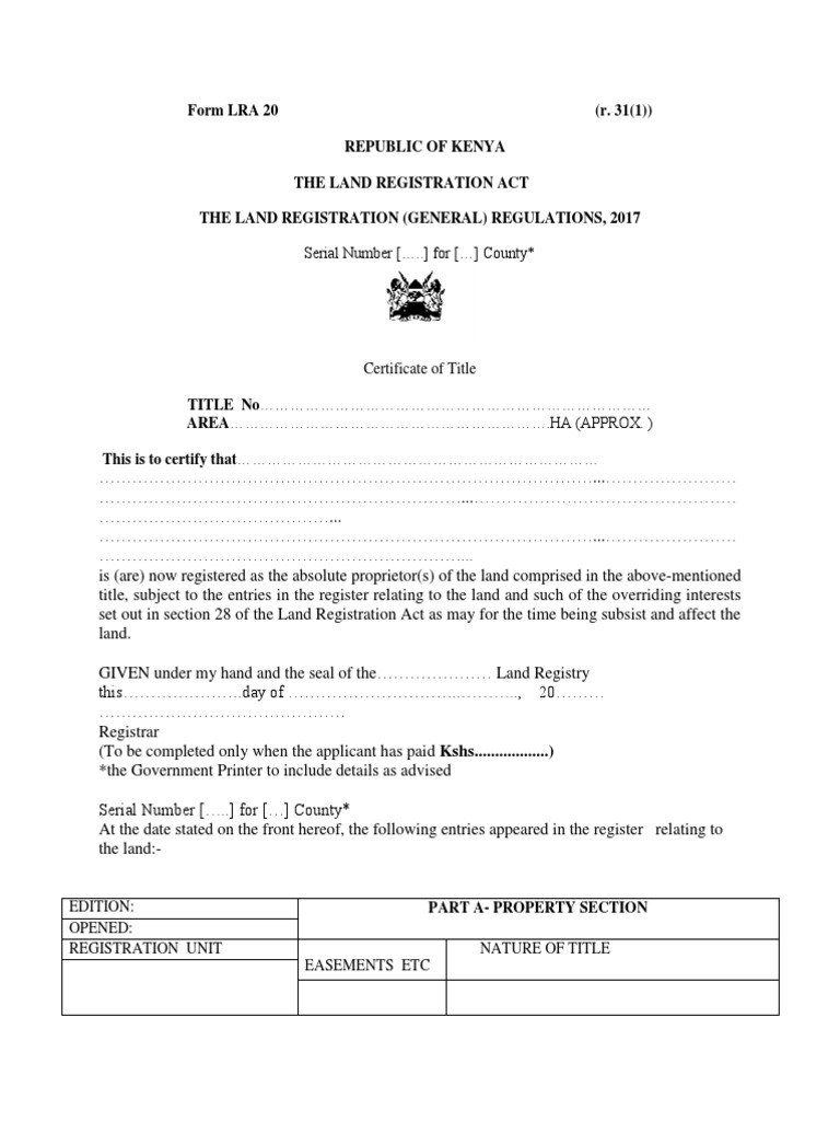 Certificate of Title Form LRA 20 Kenya | PDF