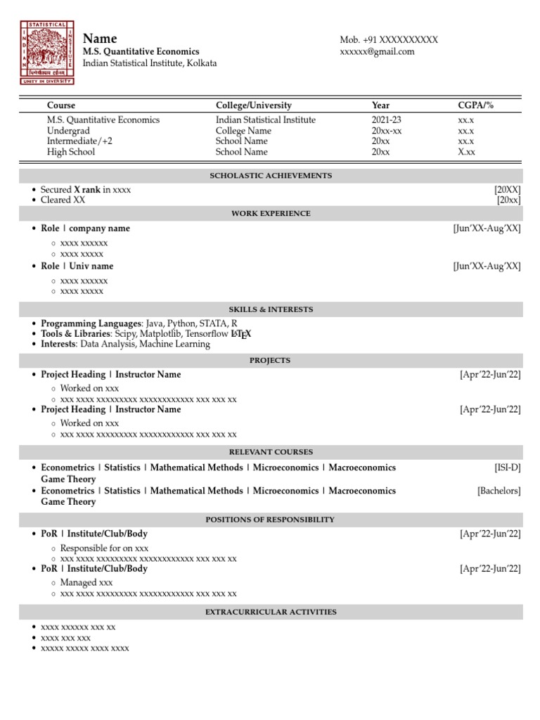 Isi Kolkata Resume Template | PDF | Economics | Computing